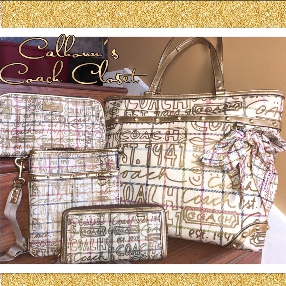 Coach Tattersall Gold Graffiti Tote Wallet Holiday - Gem